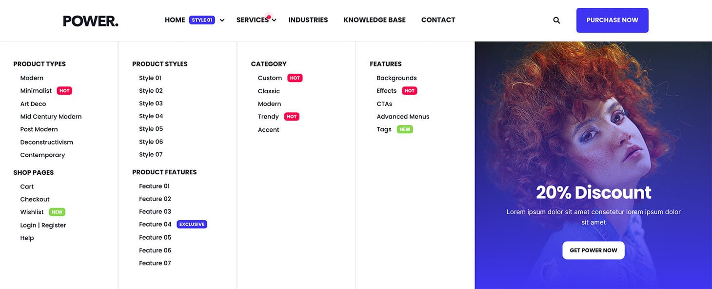 Mega Menu Design | POWER Theme Features